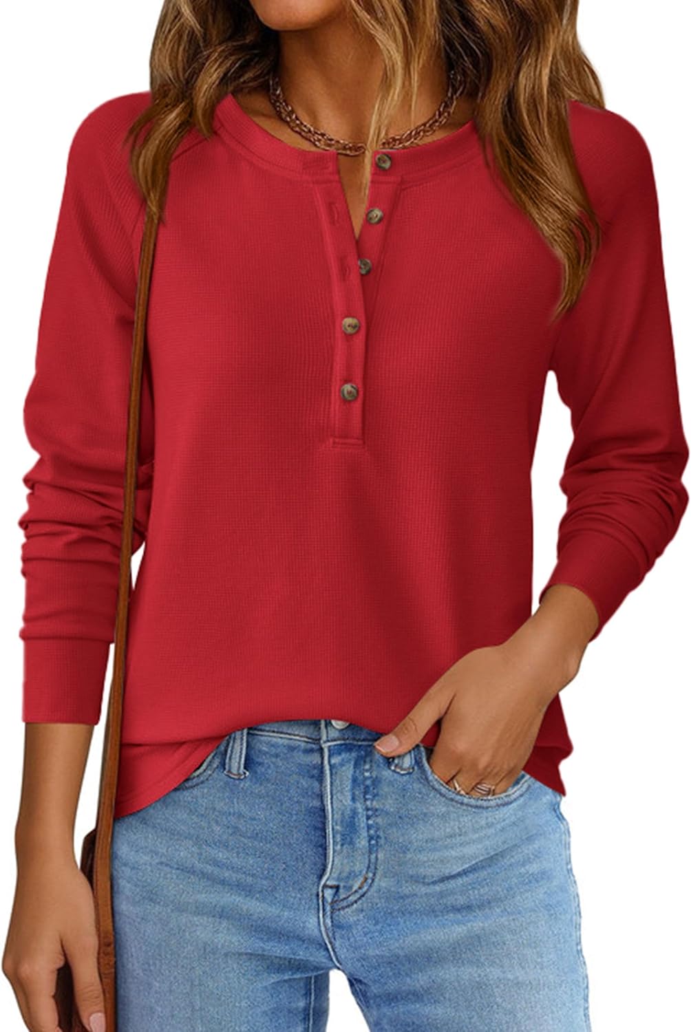 Women Long Sleeve Waffle Knit Shirt 2026 Spring Casual Button V Neck L ...