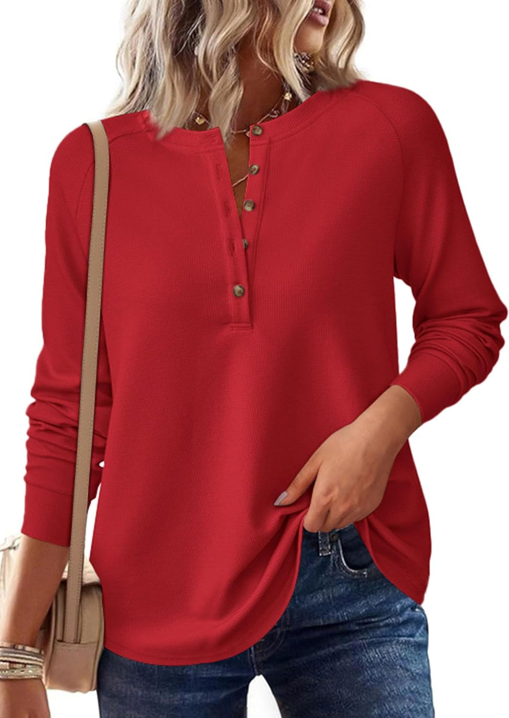 Women Long Sleeve Waffle Knit Shirt 2026 Spring Casual Button V Neck L ...