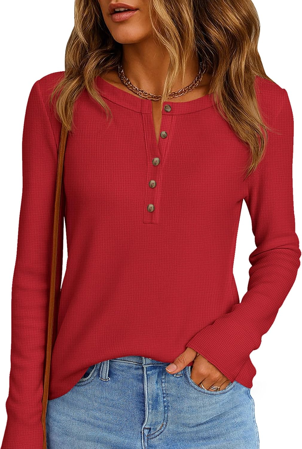 Women Long Sleeve Waffle Knit Shirt 2026 Spring Casual Button V Neck L ...