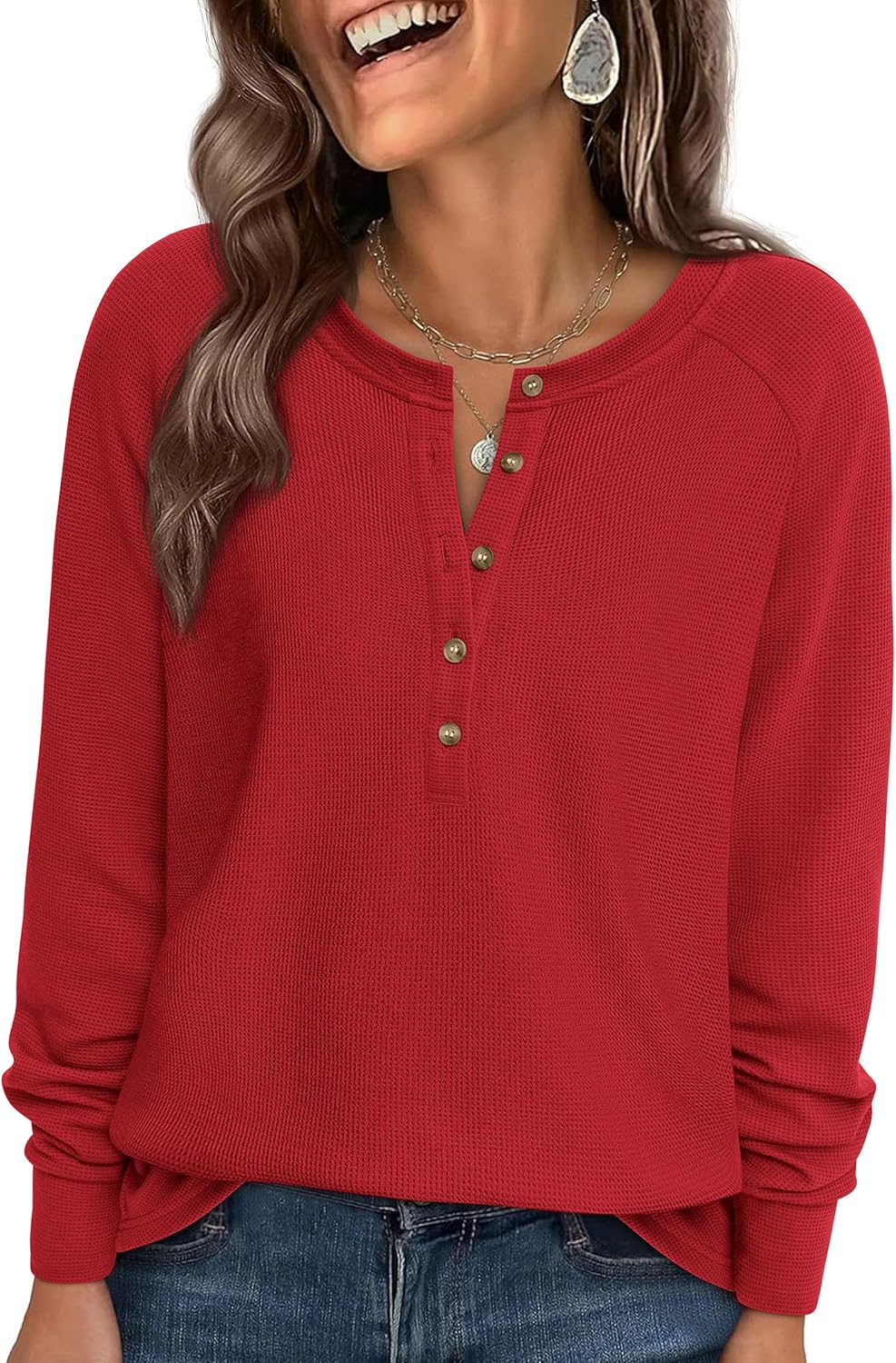 Women Long Sleeve Waffle Knit Shirt 2026 Spring Casual Button V Neck L ...